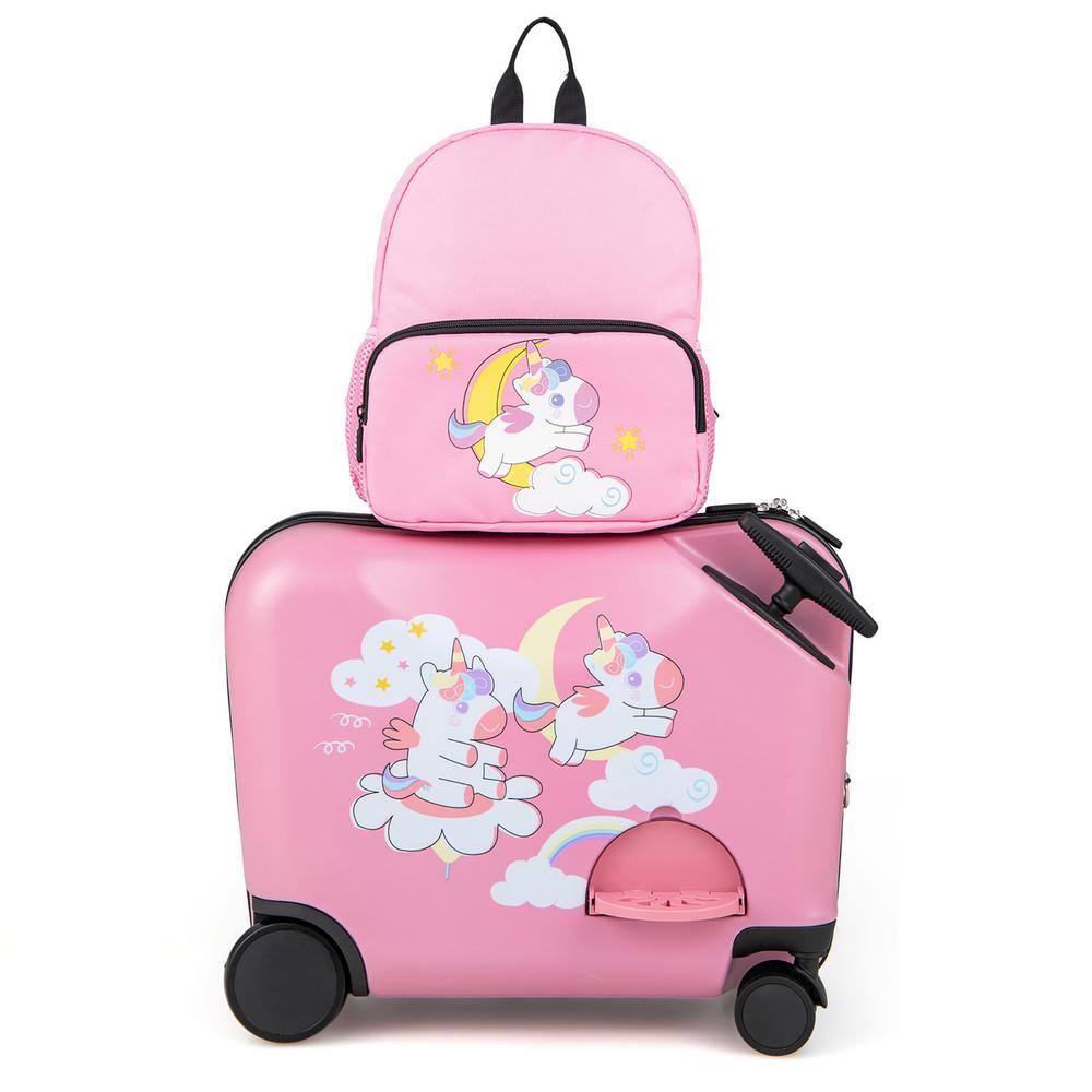 Gymax 18 in. Kids Luggage Set Suitcase with Spinner Wheels Ride-On and ...