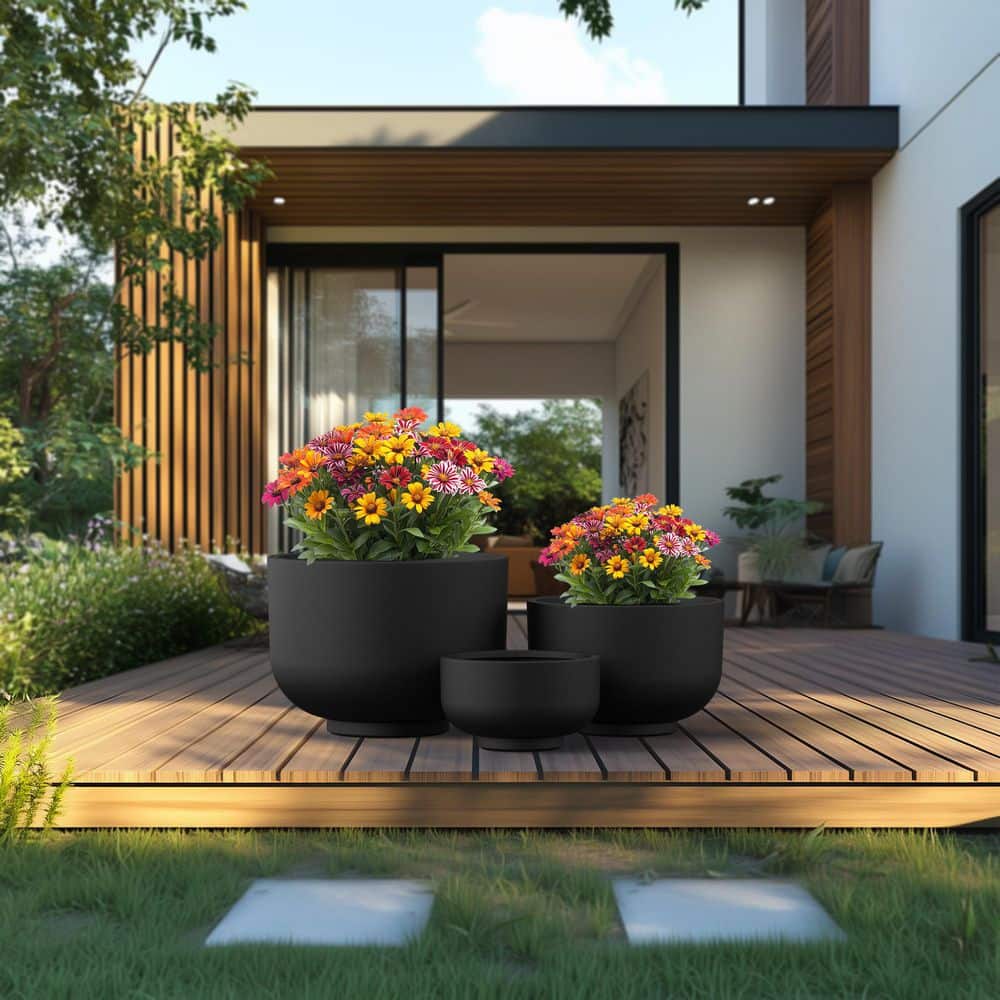 Sapcrete 14 in., 18 in., 22 in. Charcoal Black (Enhanced Interior) Concrete Round Planter / Pot ...