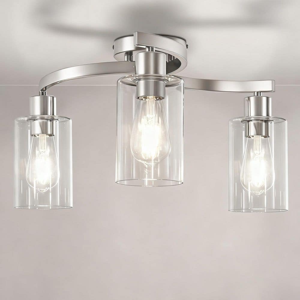 YANSUN 12 in. 3-Light Brushed Nickel Semi Flush Mount Ceiling Light ...