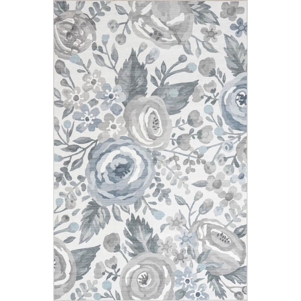 nuLOOM Tiffani Spill-Proof Machine Washable Light Grey Doormat 2 ft. x 3 ft. Floral Area Rug ...