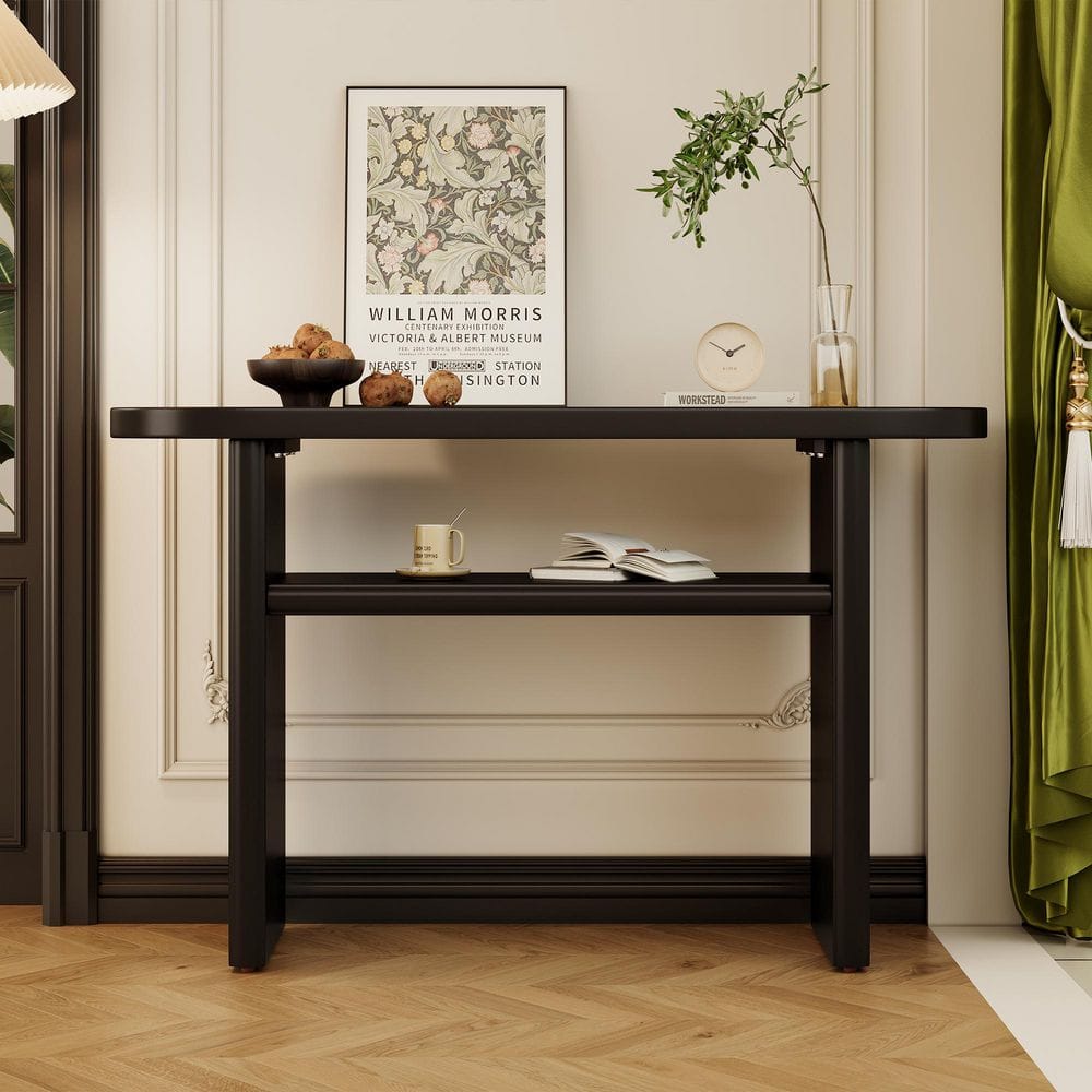 JUJABU 47.8 in. Black Round Wood Console Table with Sturdy Shelf Design ...