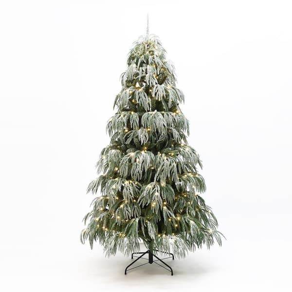 LuxenHome 7 ft. Prelit Snow-Flocked Downswept Branches Artificial ...