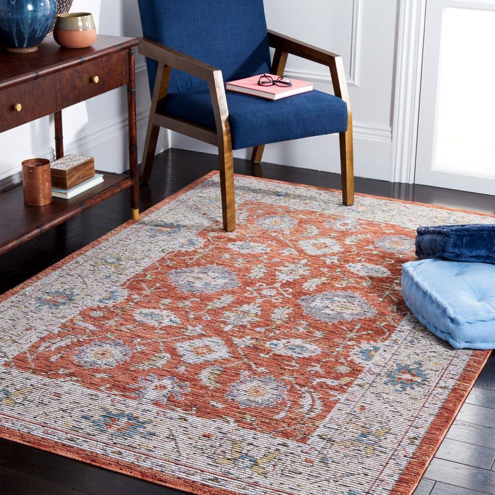 SAFAVIEH Sierra 4 ft. x 6 ft. Ivory/Rust Distressed Ornate Border Area ...