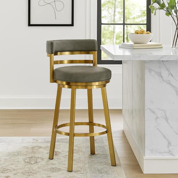 Benjara 39 in. H Vintage Gray and Gold Low Back Metal Bar Stool with ...