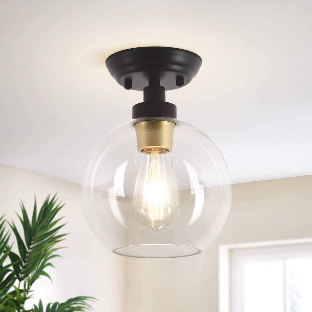 Henveton Essel 7.87 in. 1-Light Black Brass Semi-Flush Mount Ceiling ...