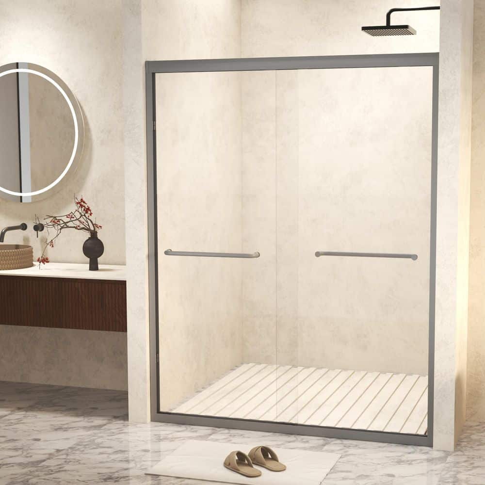 ANGELES HOME 56-60 in. W x 72 in. H Double Sliding Frame Shower Door in Gun Ash, 6mm(1/4 in ...