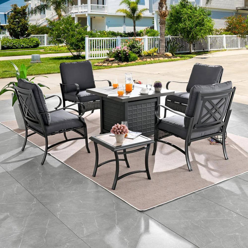 Patio Festival 7-Piece Metal Patio Conversation Set with Black Cushions ...
