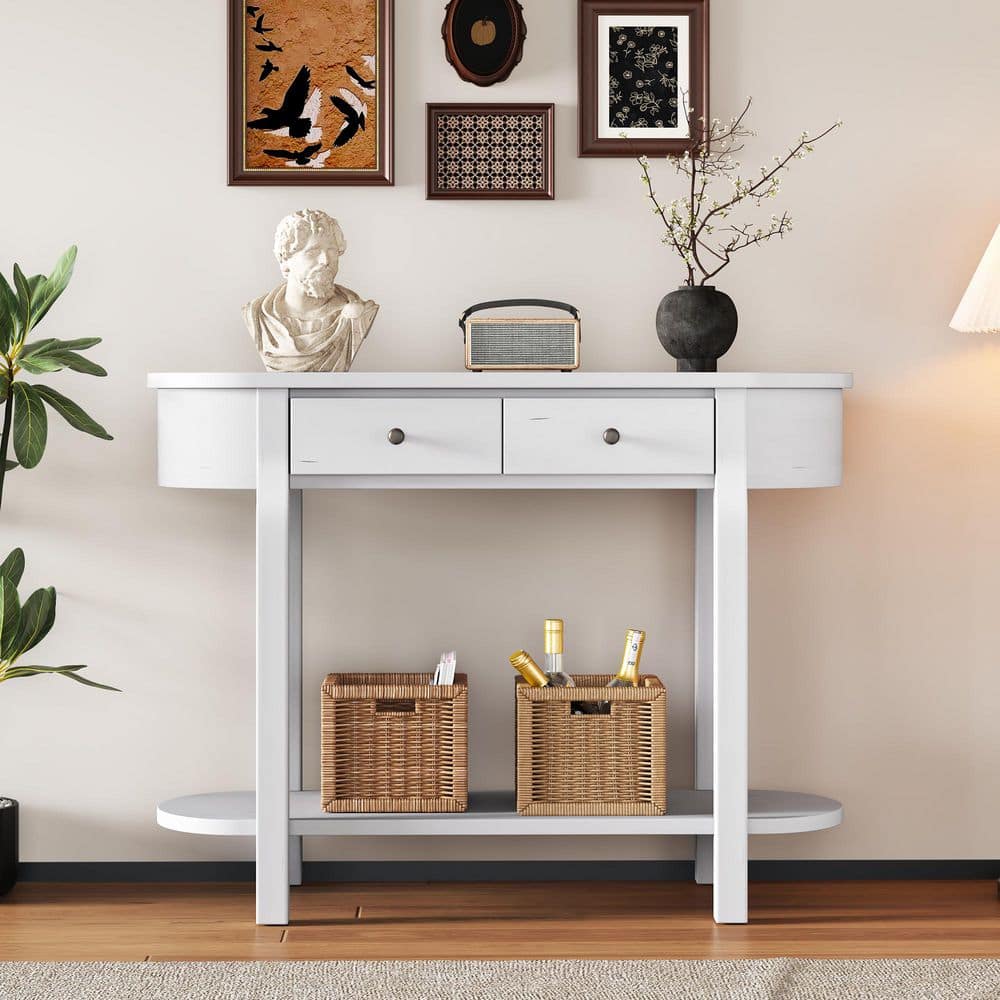 Qualler Elegant Retro 40 in. Antique White Oval Wood Console Table with ...