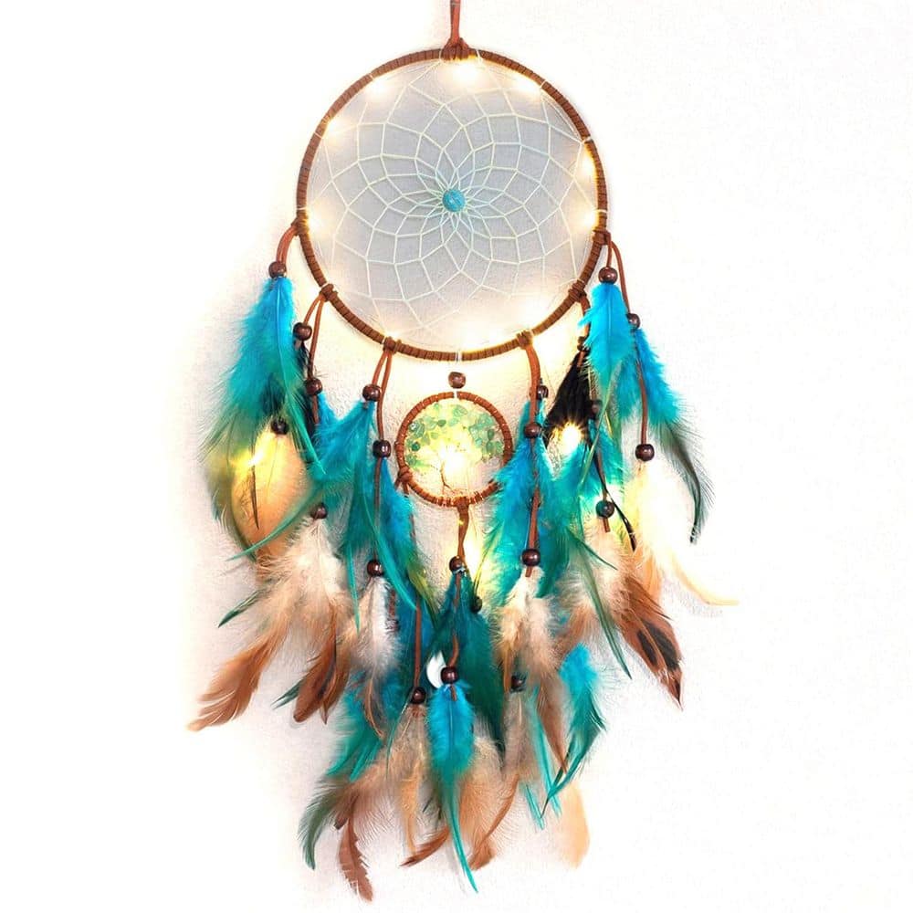 Blue 12 in. x 22 in. Handmade LED Dream Catcher with Feathers HPAYVR9C ...