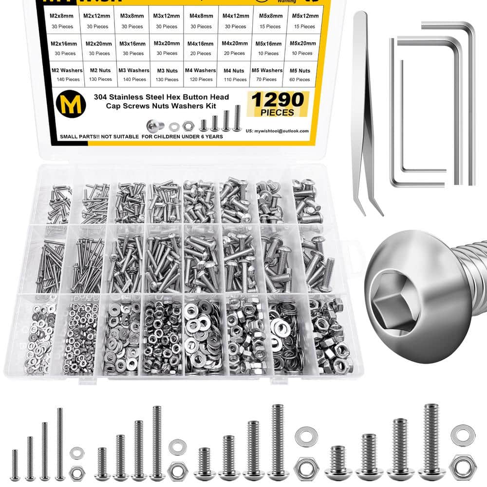MYWISH 1290-Piece M2, M3, M4, M5 Stainless Steel Button Head Hex Socket ...