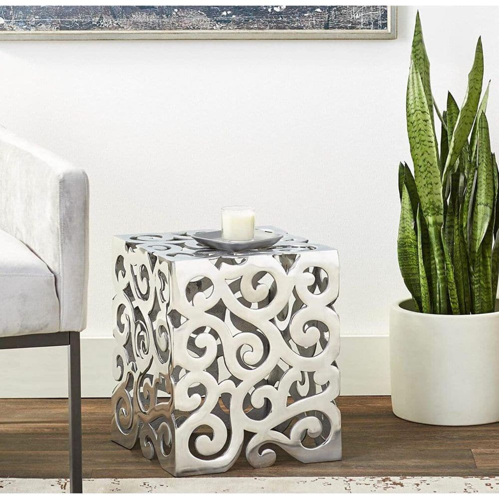HomeRoots 12 in. Silver Square Metal End Table 2000354660 - The Home Depot