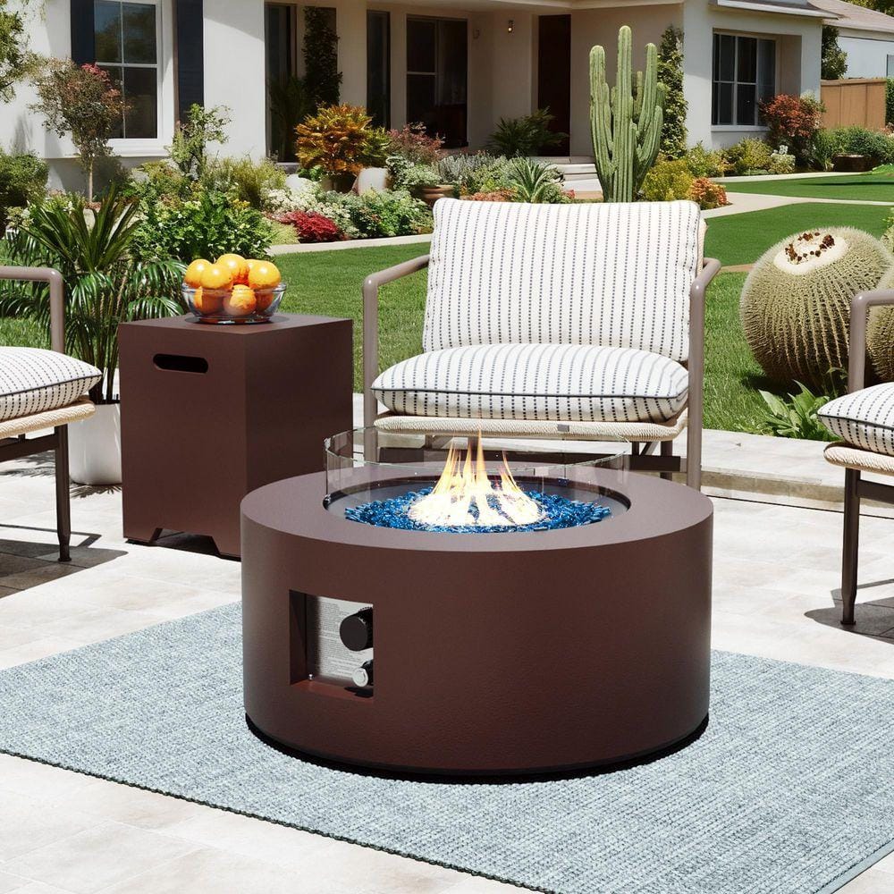 UPHA 28 in. Round Iron Propane Fire Pit Table with Tank Cover and Wind ...