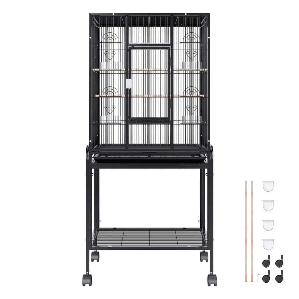 SKYSHALO 54 in. Standing Large Bird Cage, Macaw with Rolling Stand and Tray, Carbon Steel Flight ...