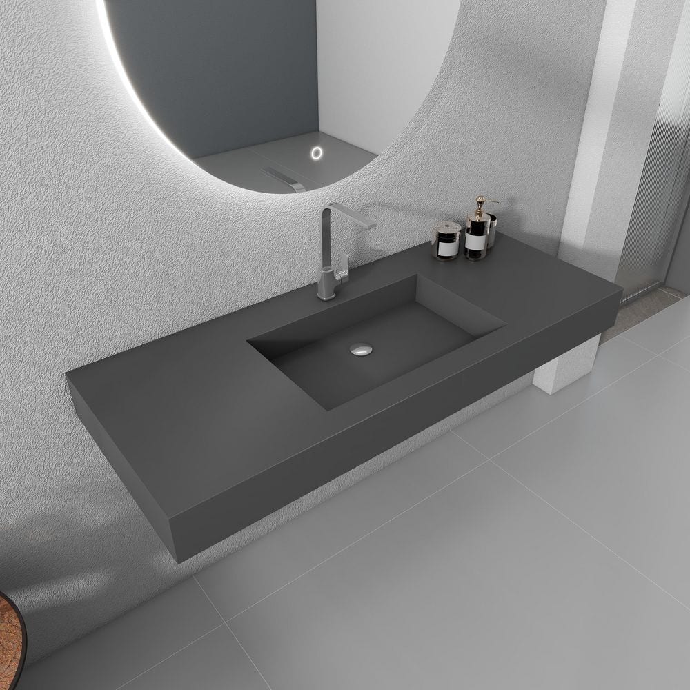 SJ STAR&JANE 47 in. Wall Mount Rectangle Vessel Sink with Faucet Hole, Grey Solid Surface ...