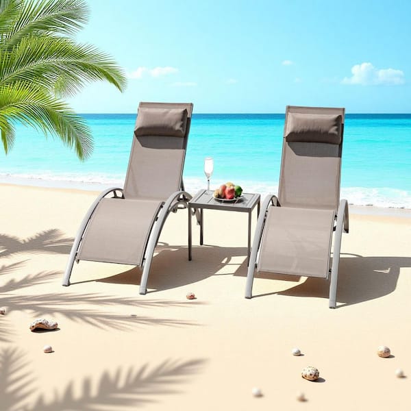 Khaki 3-Piece Aluminium Outdoor Stackable Chaise Lounge Reclining ...
