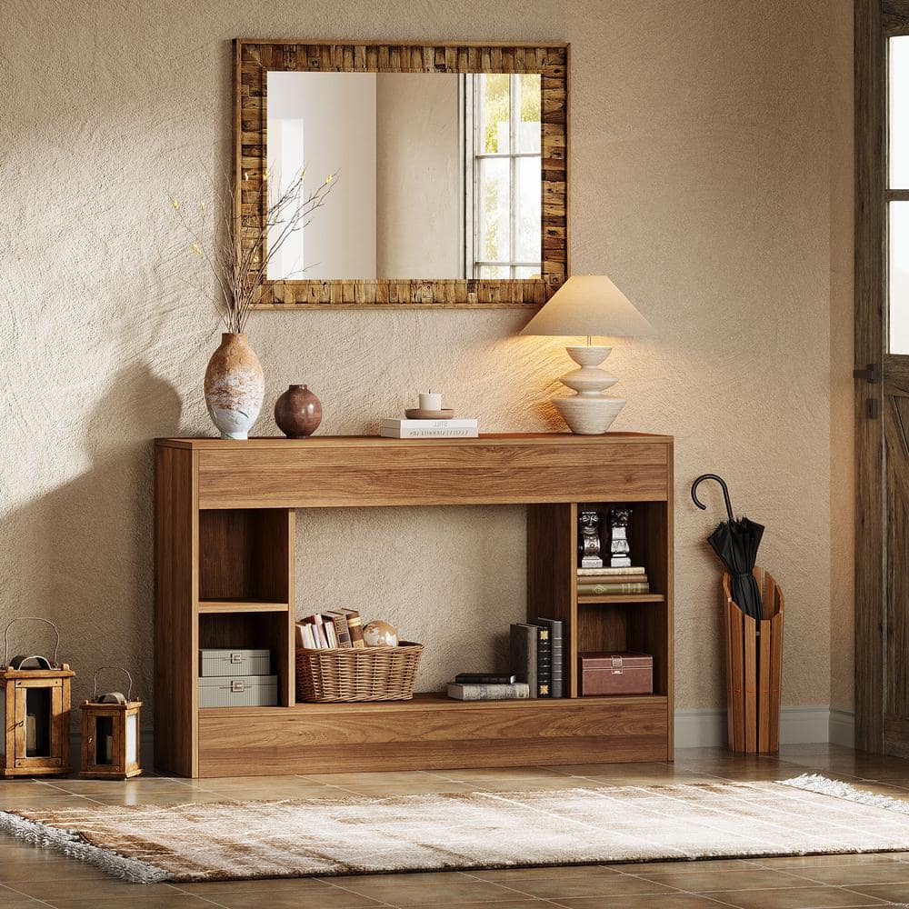 BYBLIGHT Turrella 55.12 in. Brown Entryway Table with 4-Compartment ...
