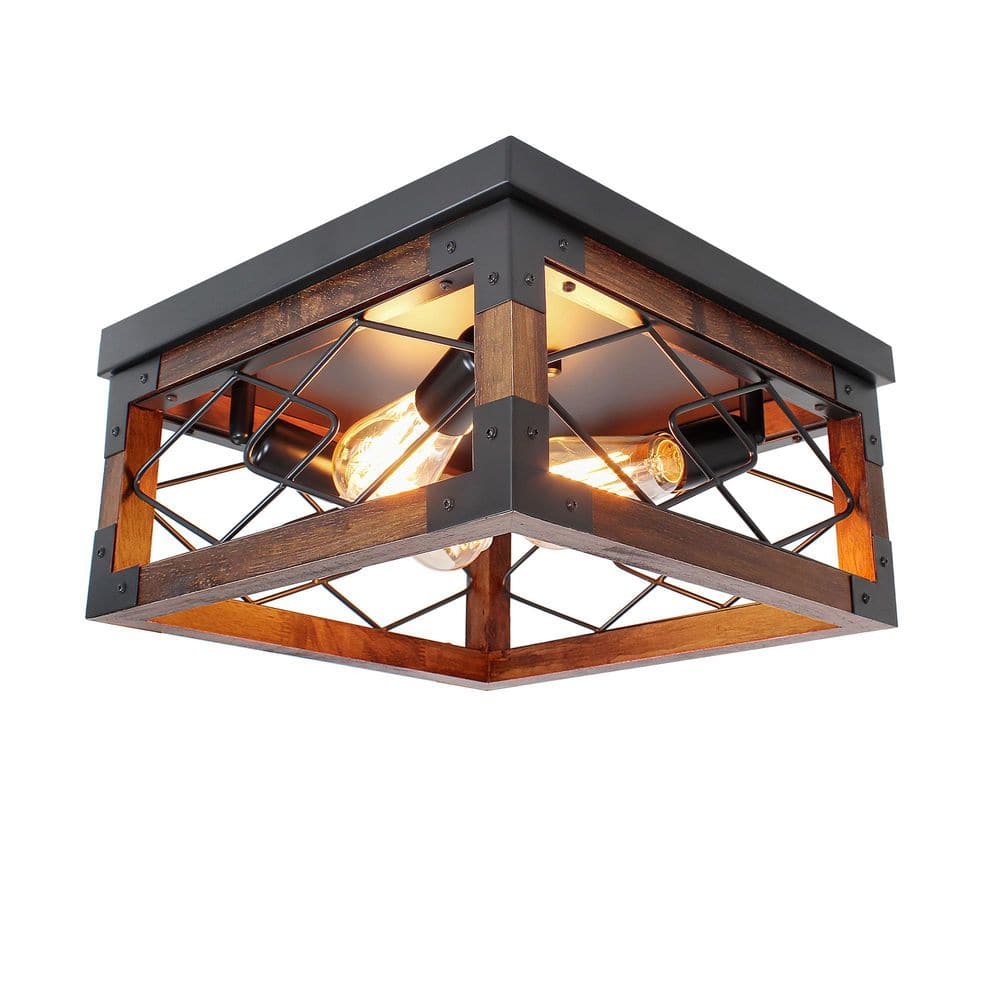 Rviezza 13.98 in. 4-Lights Rustic Wood Square with Strengthen Corner ...
