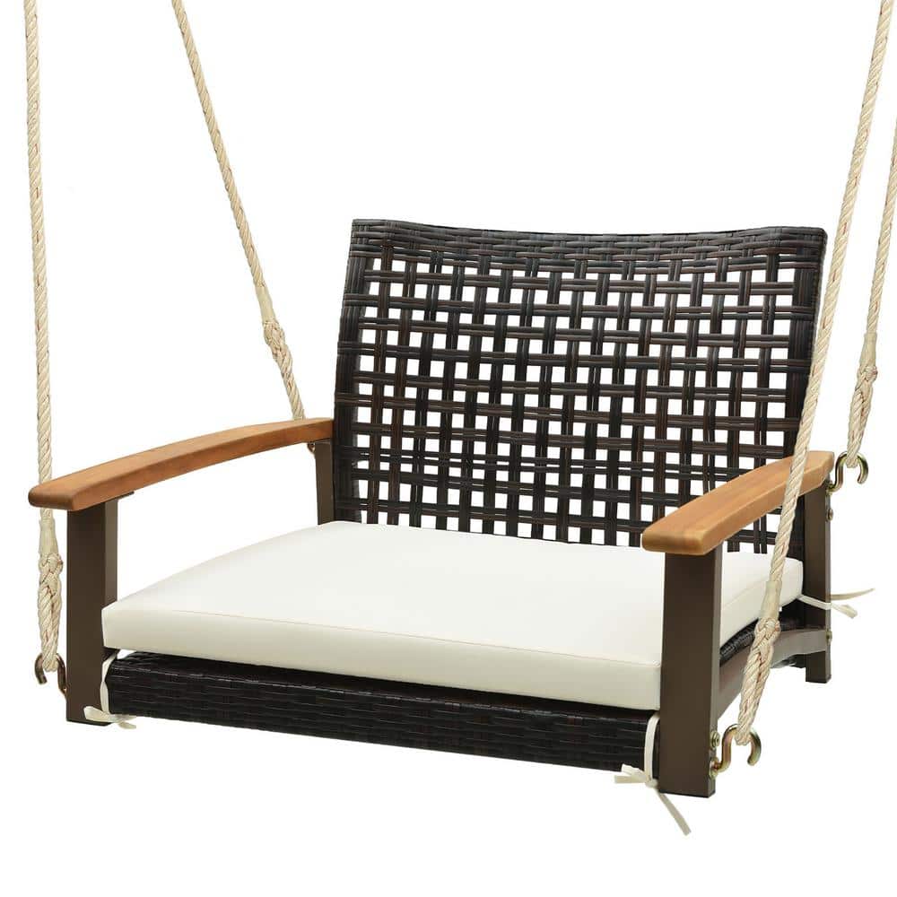 Gymax Rattan Porch Swing Patio Wicker Single Hanging Seat with Seat ...