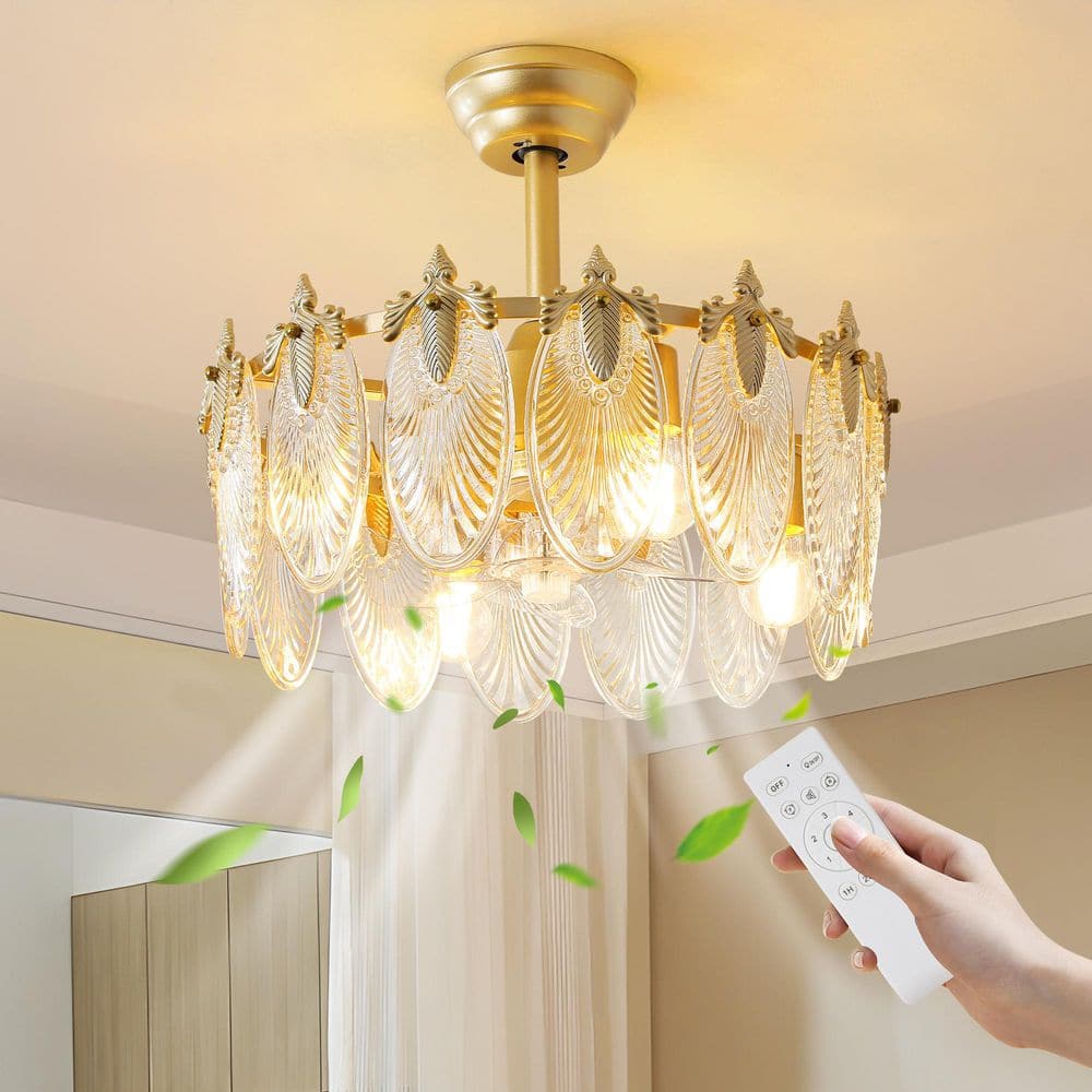 KAISITE 21 in. Indoor Crystal Enclosed Feather Glass Gold Ceiling Fan ...