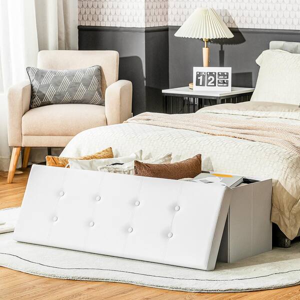 Costway White 45 in. x 15 in. x 15 in. Large Folding Storage Faux Leather Ottoman Pouffe Box Stool QD S134 A6IT