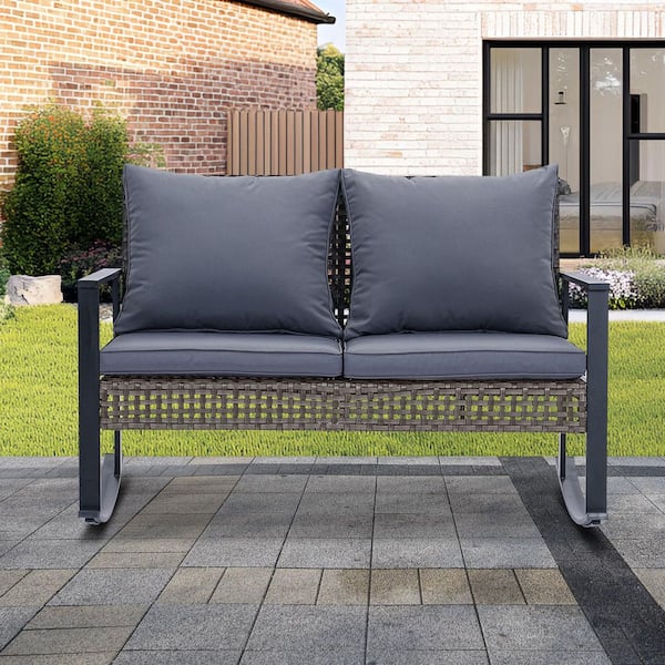 Gray Wicker Outdoor Rocking Chair with Dark Gray Cushion YYRS060GY ...