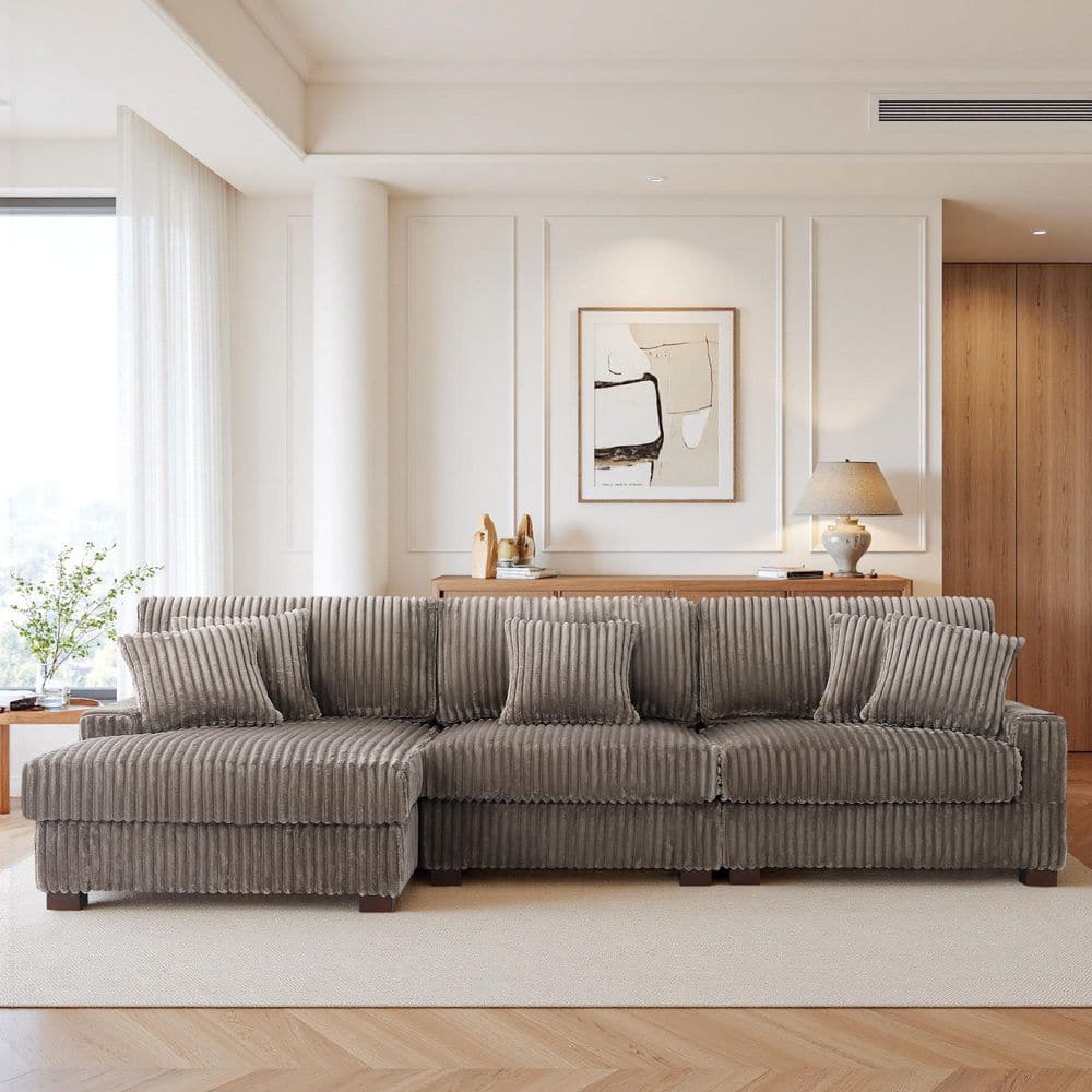 Uixe 118.31 in. W Square Arm 3-piece Faux Rabbit Fur Fabric L-Shaped Left Facing Modular ...