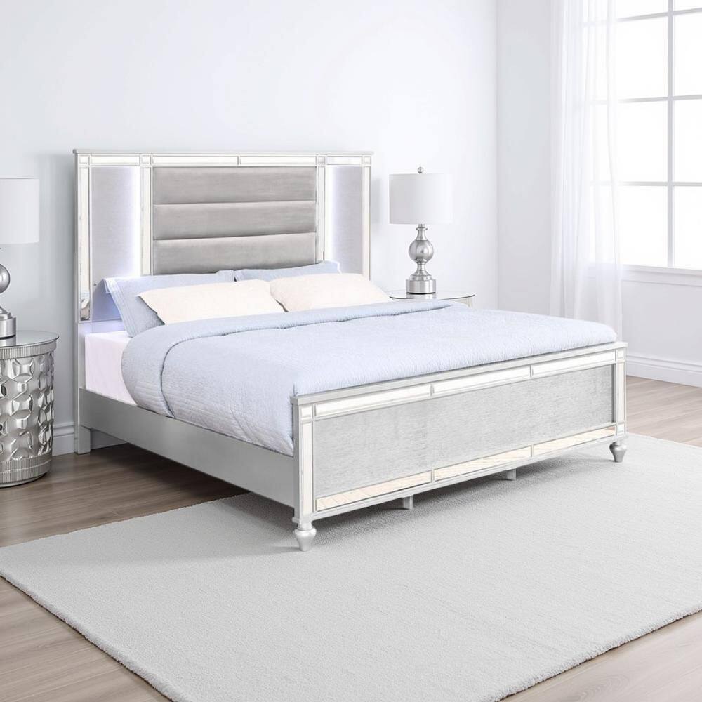 Benjara Lio Silver Wood Frame Queen Size Panel Bed with Mirror Trim and ...