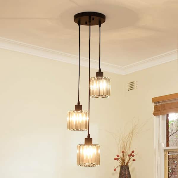 ETONIMERR Ciel 3-Light Black Crystal Pendant Light with Glass Shade for ...