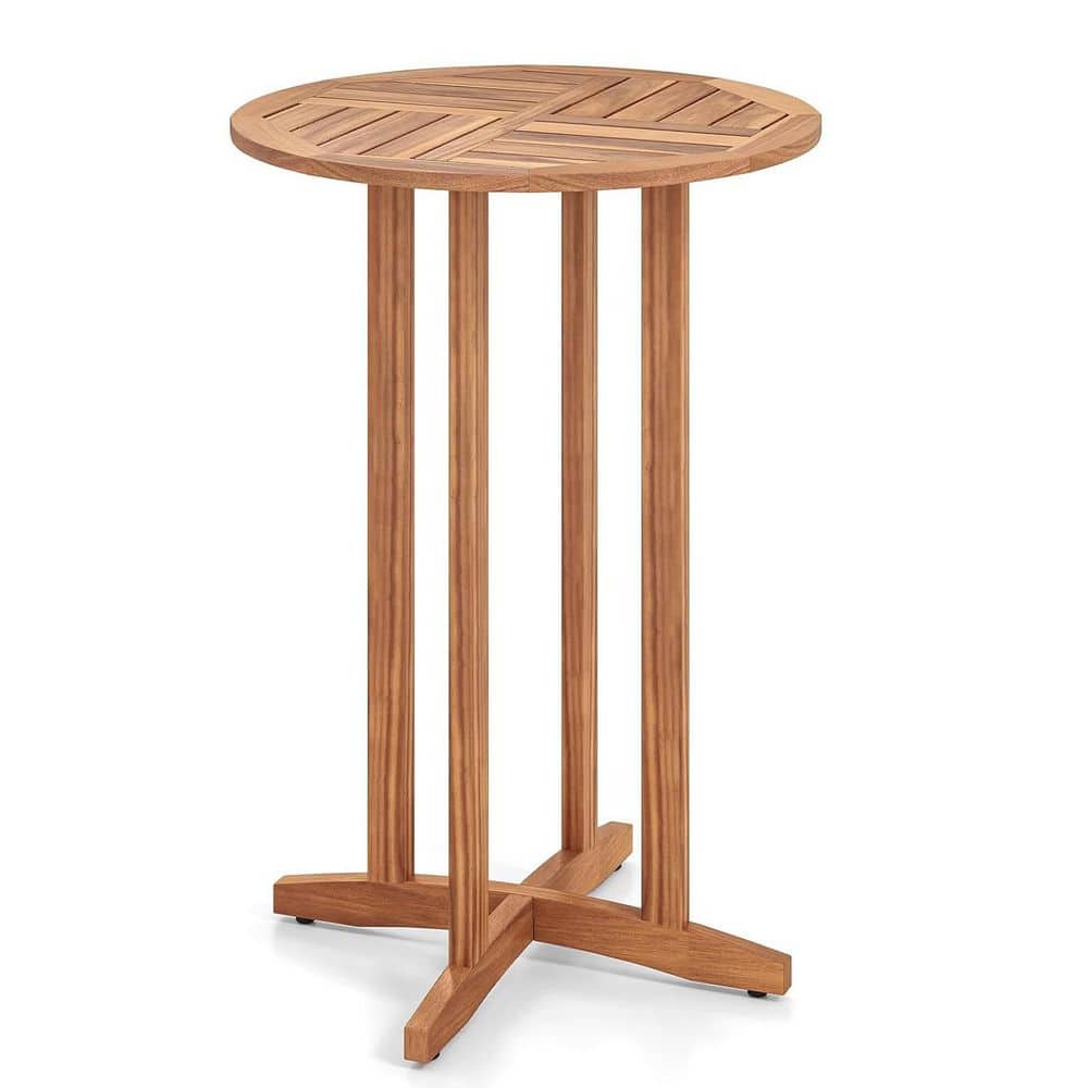 Natural Round Wood Outdoor Bistro Table with Slatted Tabletop ...