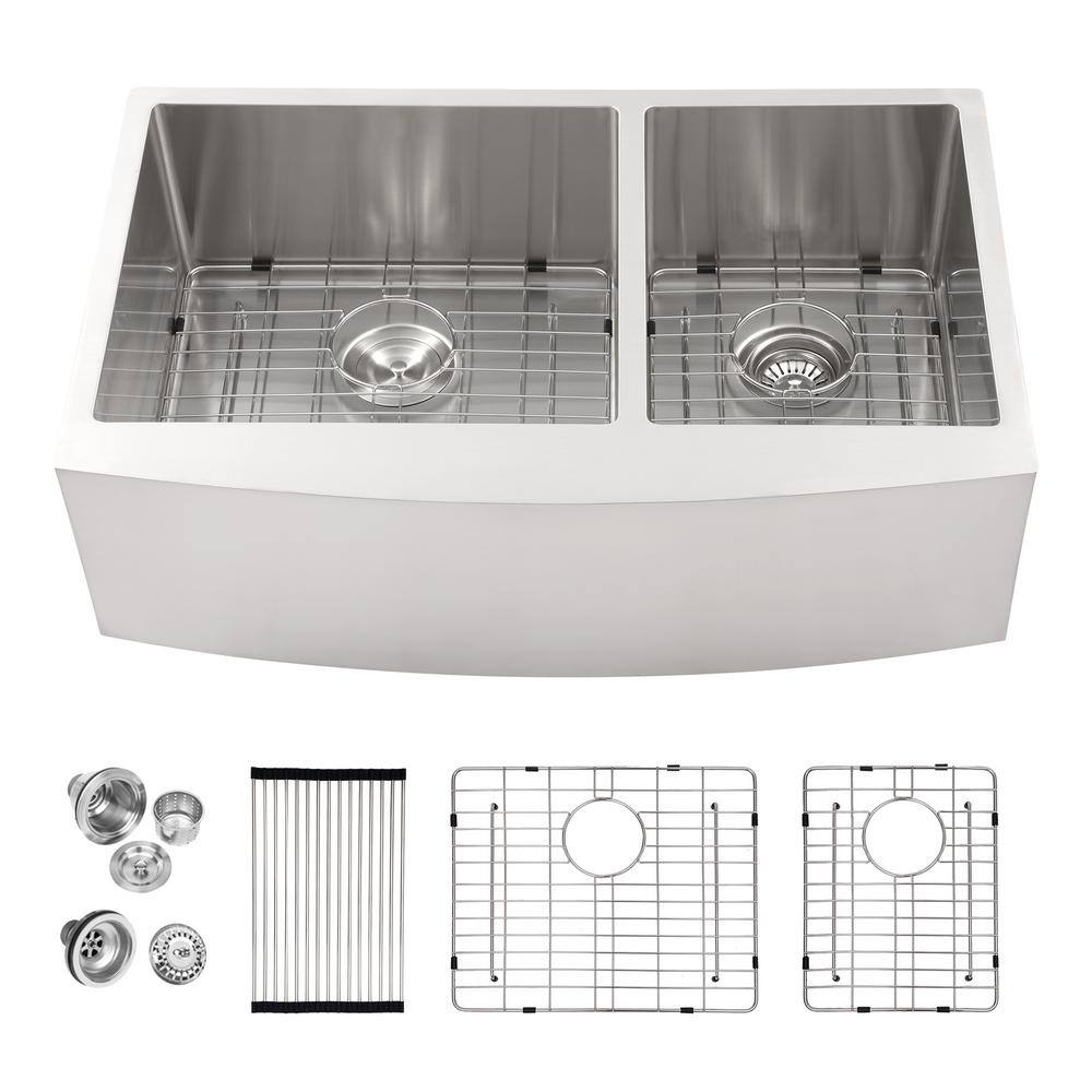 Logmey 33 in. Farmhouse Double Bowls Sink 16-Gauge Brushed Stainless ...
