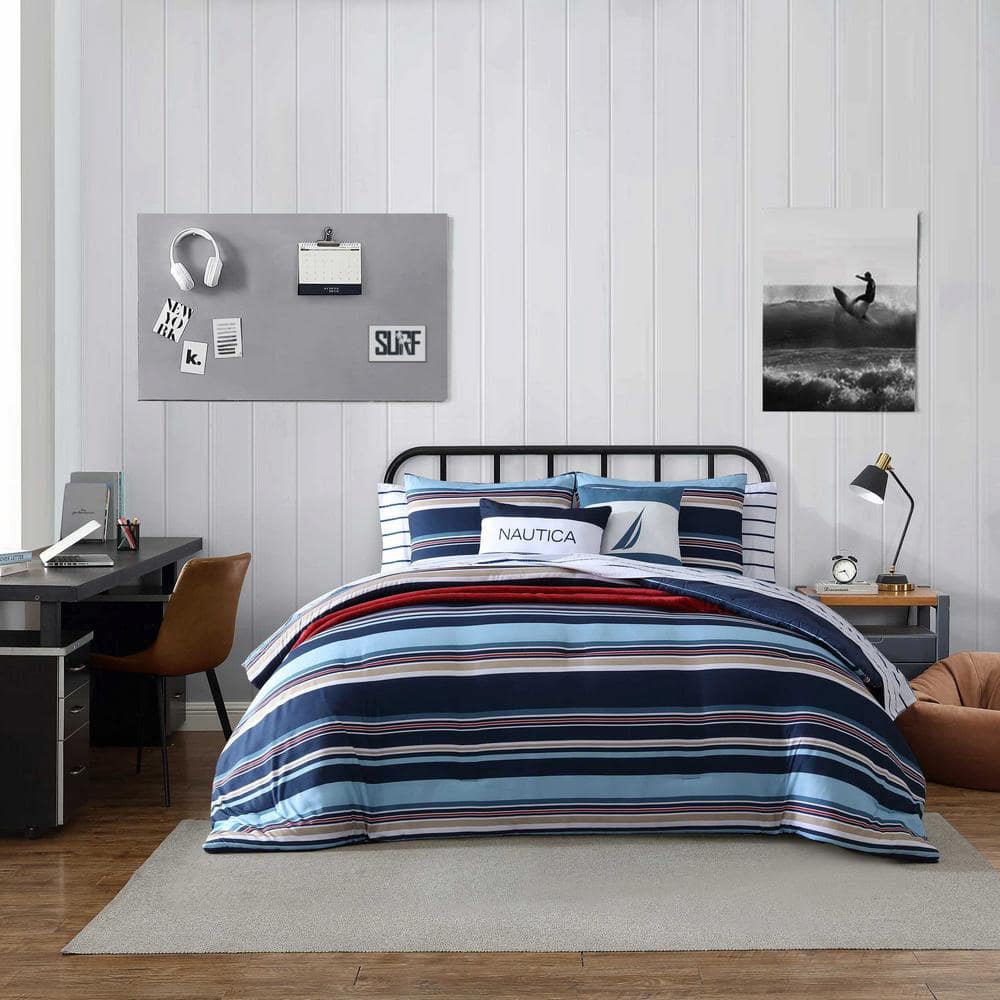Nautica Colton Blue 5-Piece Microfiber King Reversible Comforter Sham ...