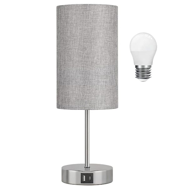 14 in. Silver Lantern Table Lamp for Bedroom with Dual Charging Station ...