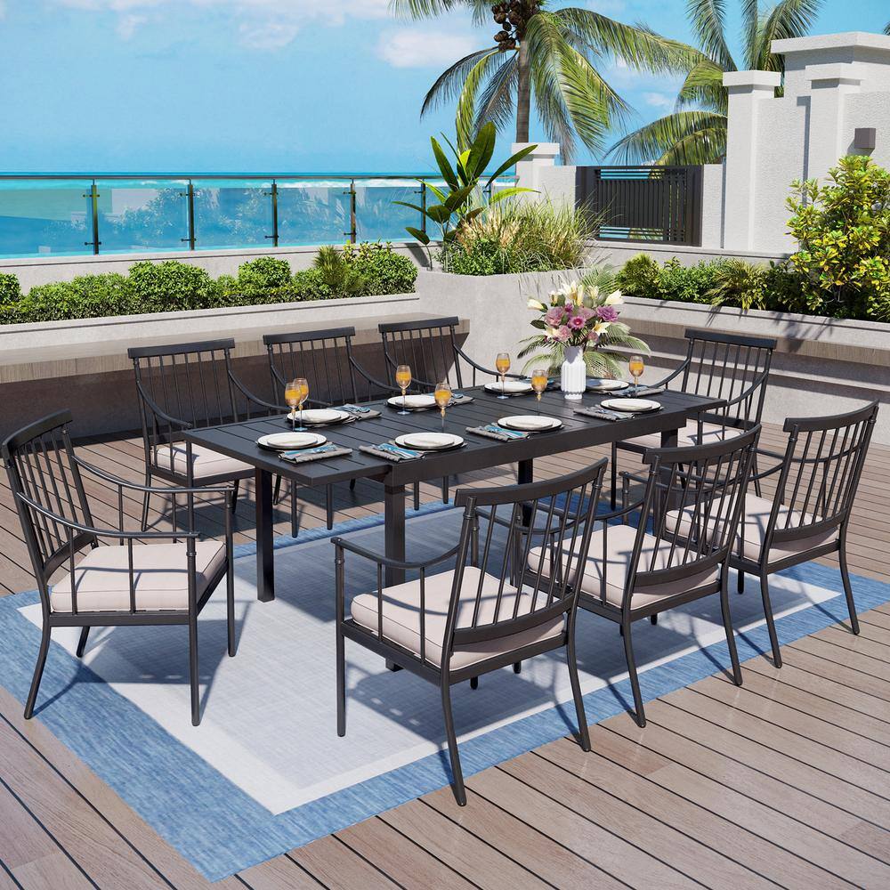 PHI VILLA 9-Piece Metal Outdoor Dining Set with Beige Cushions THD9 ...