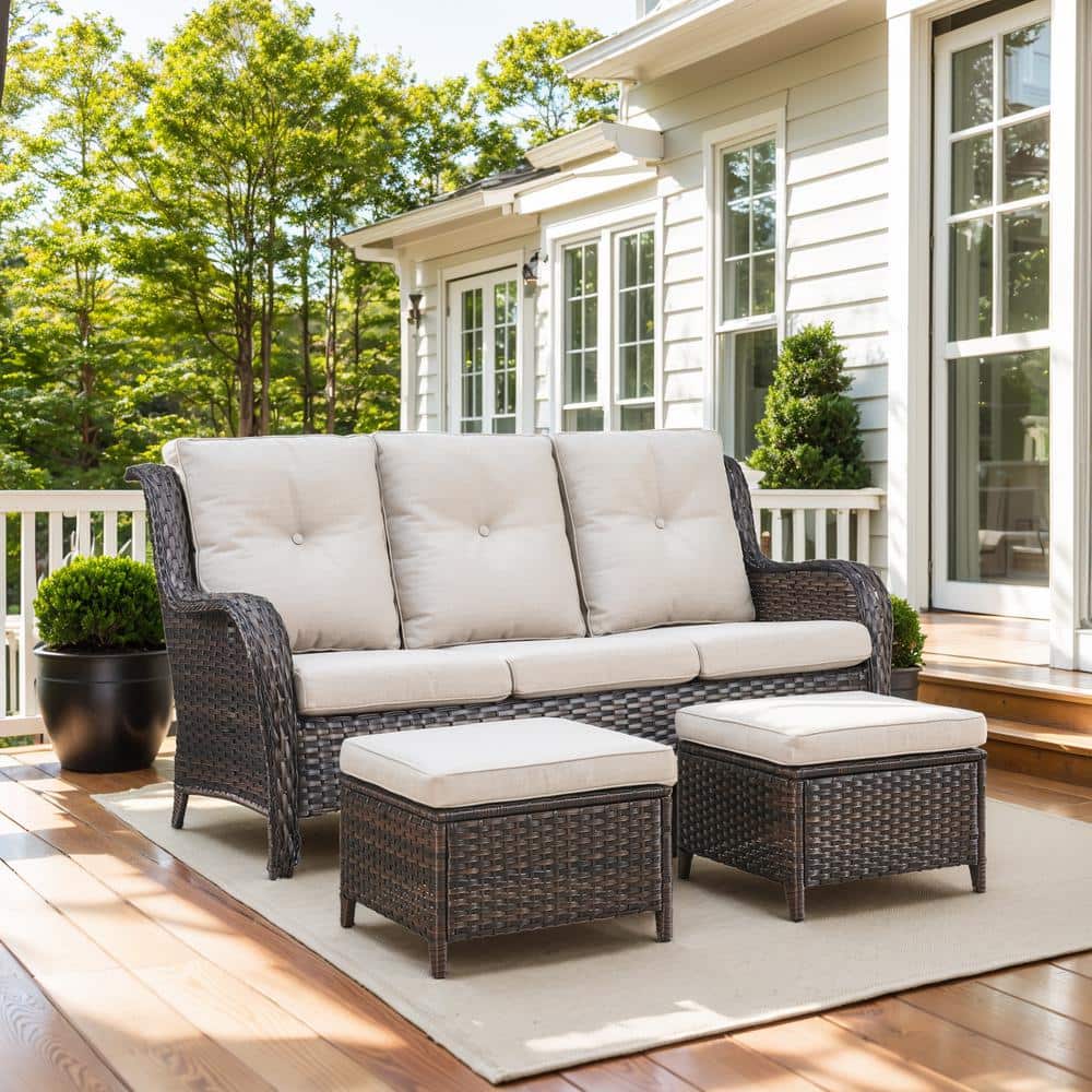 moosprr Arcline 3-Piece Brown Wicker Outdoor Couch Patio Conversation ...
