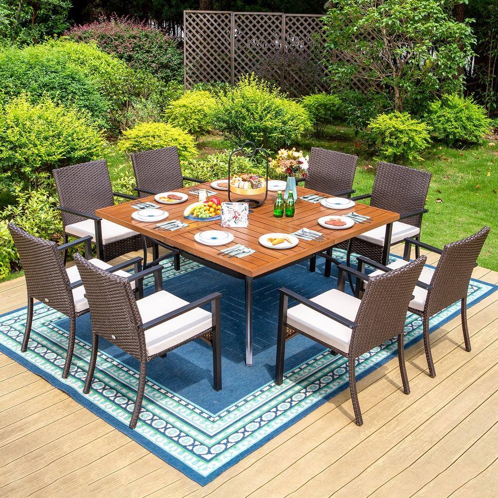 PHI VILLA Black 9-Piece Metal Square Patio Outdoor Dining Set with Wood ...