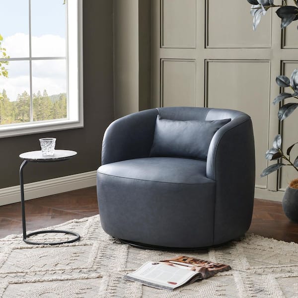 KINWELL Navy PU Faux Leather Upholstered Swivel Armchair Set of 1 ...