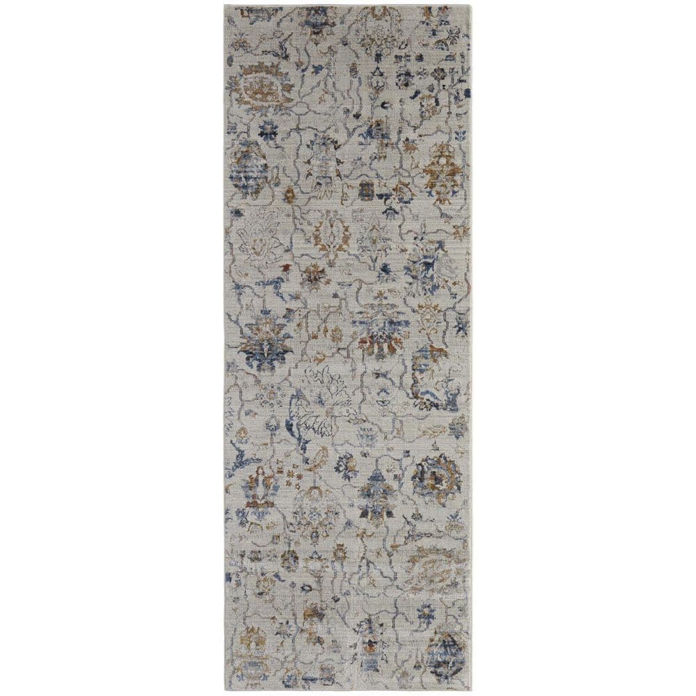 HomeRoots 3 ft. x 12 ft. Ivory and Orange and Blue Floral Area Rug ...