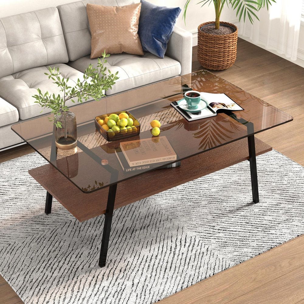 Seafuloy 38.58 in. Modern Rectangle Tempered Brown Glass Coffee Table ...