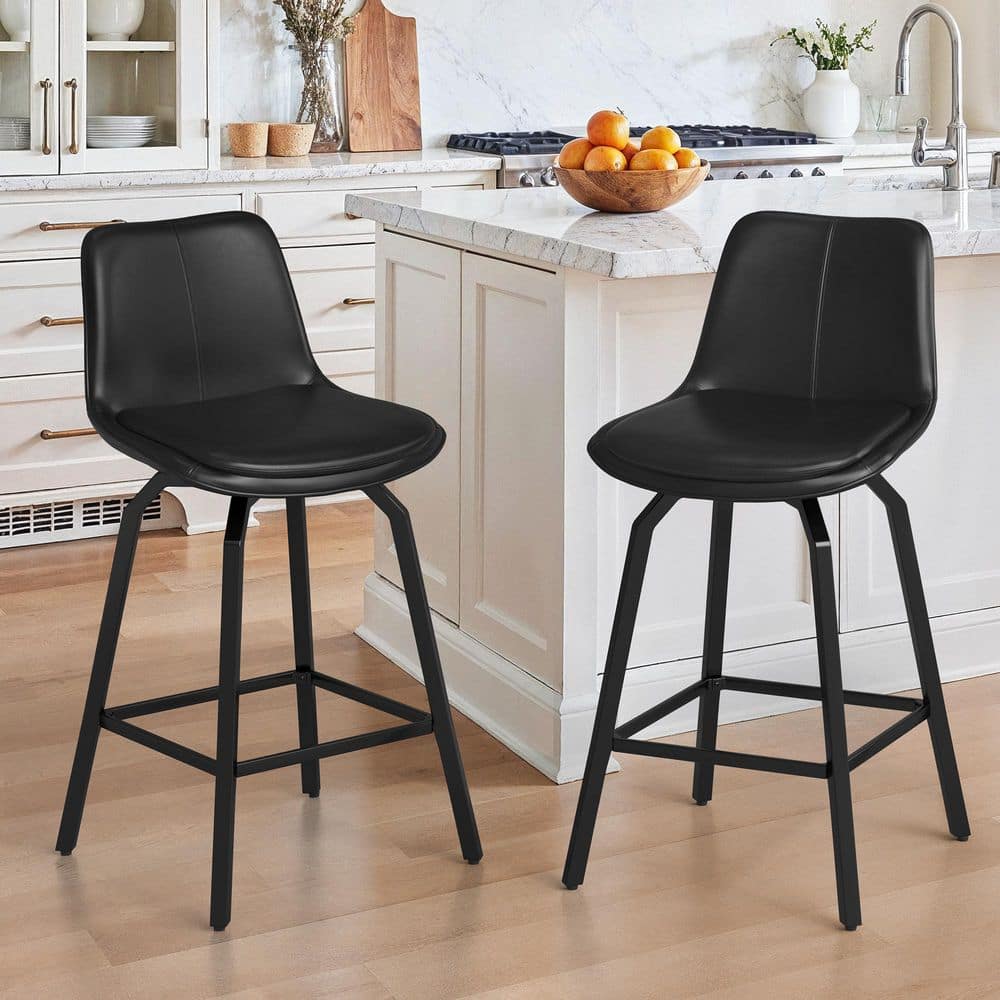 OrangeOne 37 in. YANNIS Black Faux Leather Swivel Bar Stool Metal Frame Double-cushioned Counter ...