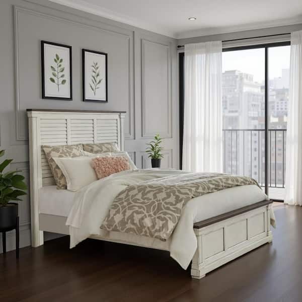 Benjara Ola Brown and White Wood Frame King Size Panel Bed with Headboard BM302843 - The Home Depot