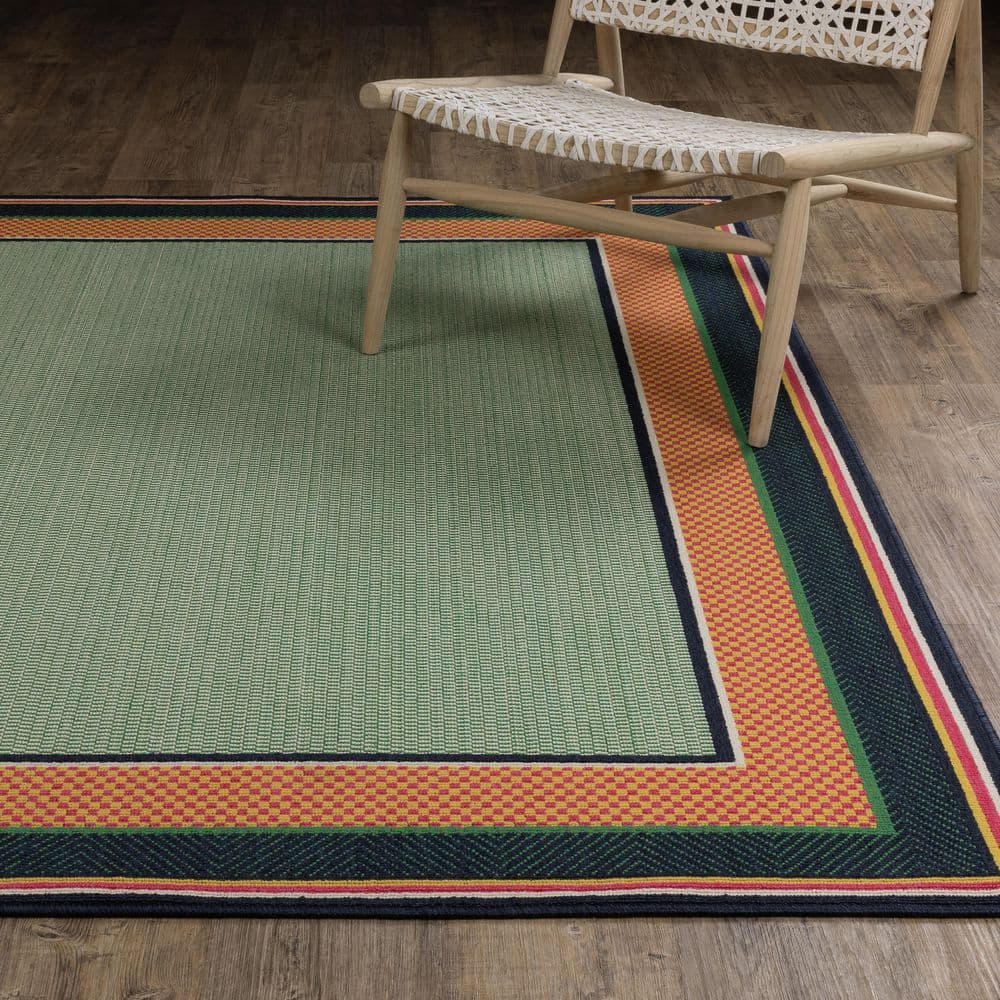 AVERLEY HOME Hibiscus Green/Navy 6 ft. x 9 ft. Border Stripe Frame ...