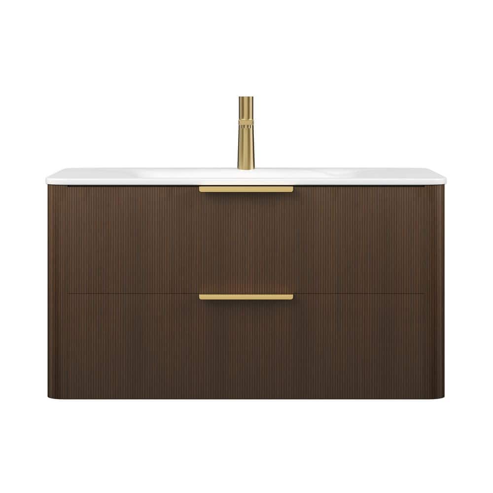 Afhocomp 36 in. Single Sink Floating Walnut Bath Vanity with Carrara ...