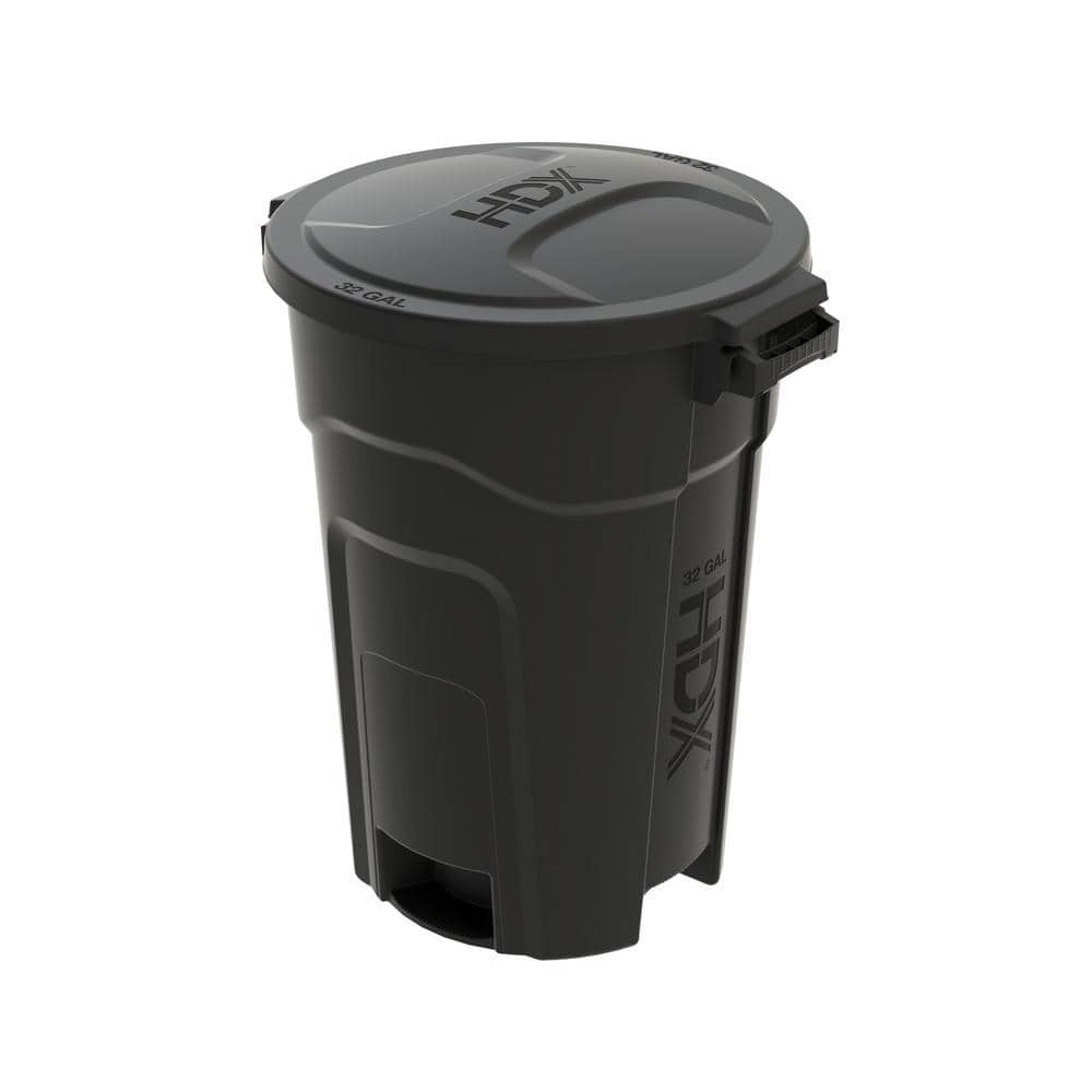 HDX 32 gal. Black Heavy Duty Outdoor Trash Can with Domed Lid 999-2432 ...