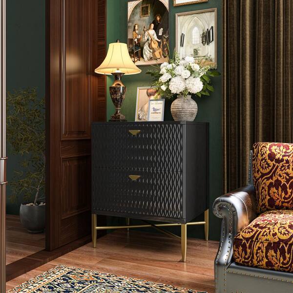 Clihome Black 2 Drawers MDF Nightstand with Golden Handles and Legs CL SA38338WH