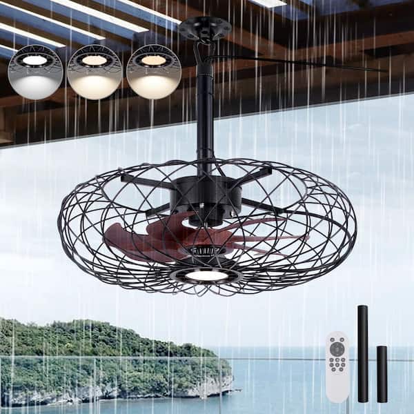 Seasonize 20 in. Outdoor Black Walnut Waterproof Caged LED Ceiling Fan ...