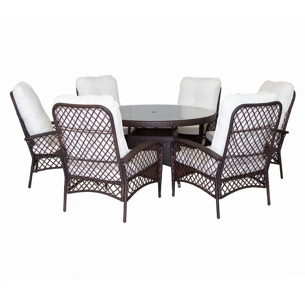 PATIOPTION 7-Piece Wicker Outdoor Dining Set with White Cushion, 53.1 ...