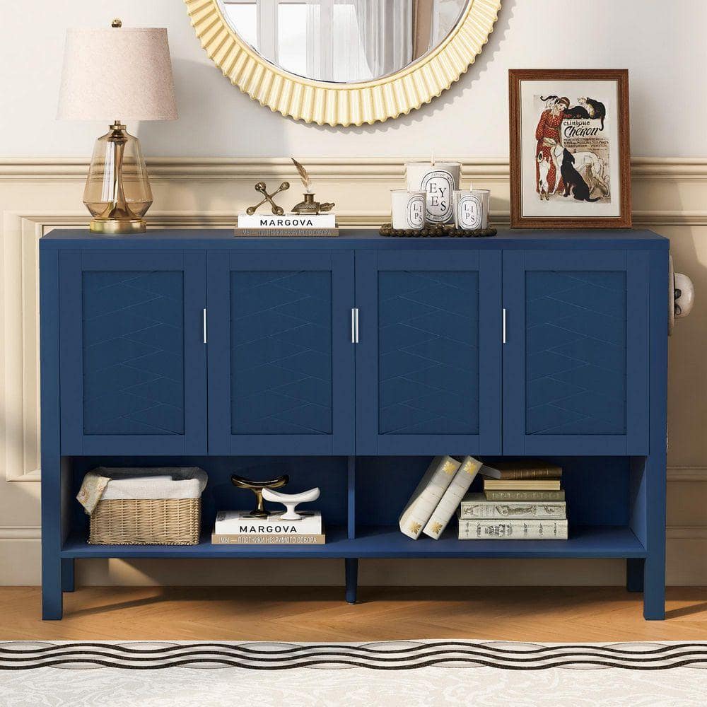 Nestfair Navy Blue MDF 55.1 in. Buffet SideBoard with 4-Doors, Shelves ...