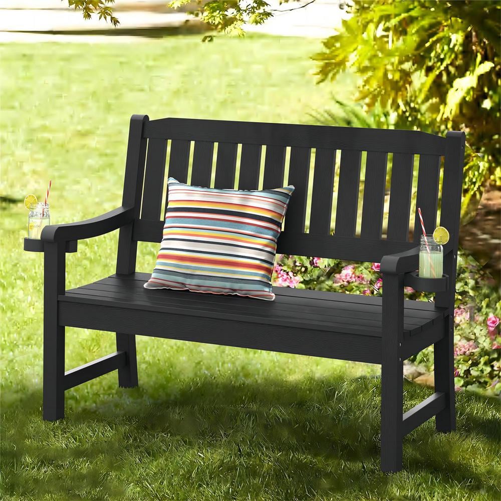 LUE BONA Lowis Black 2-Person Plastic Outdoor Bench with Cup Holder All-Weather HDPS Garden ...