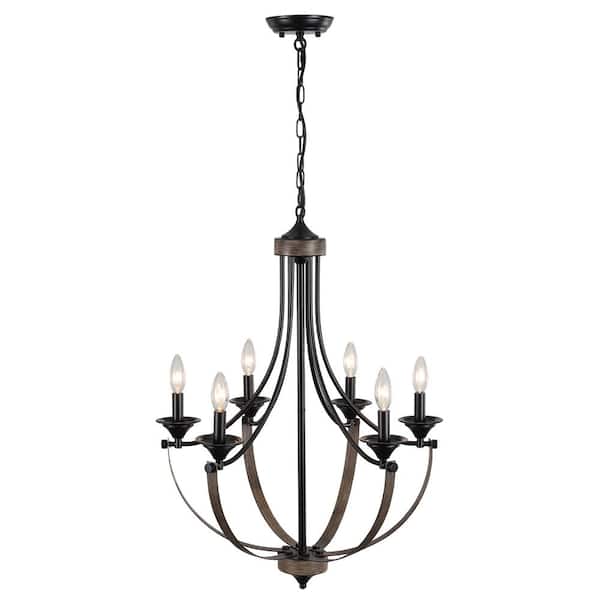 LWYTJO 6-Light Black and Wood Grain Empire Candle Chandelier for Kitchen Island with no Bulbs ...