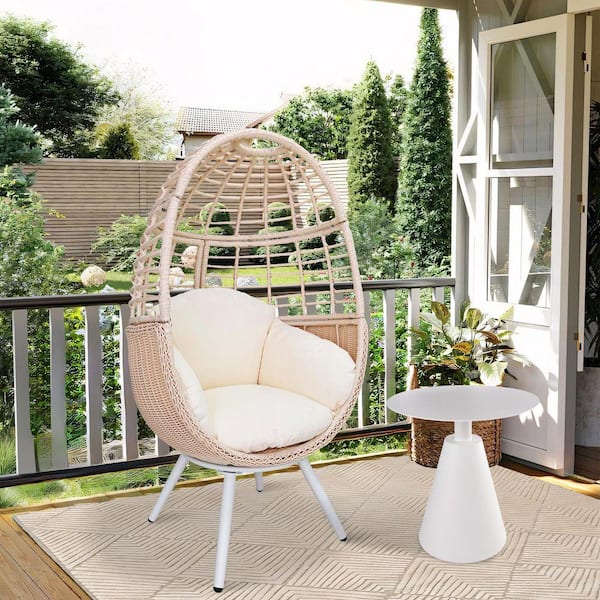 TWT Beige Hand-Woven Metallic Swivel Outdoor/Indoor Egg Chair Wiker ...
